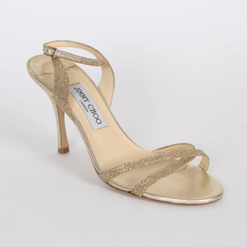 Jimmy Choo Ingrid Gold Glitter Heel Sandal 37.5 - Gem